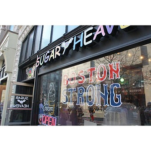 "Boston Strong" sign in window of Sugar Heaven store - Digital Commonwealth