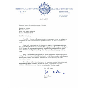 Letter to Mayor Menino From Mayor of Nashville, TN - Digital Commonwealth