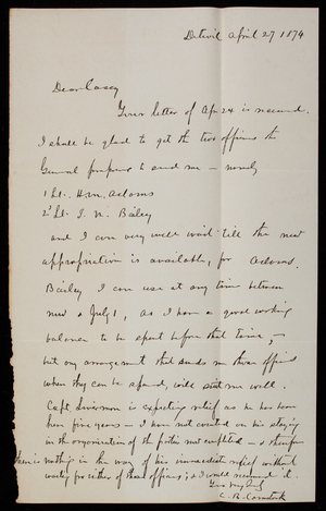 General [Cyrus] B. Cornstock to Thomas Lincoln Casey, April 27, 1874 ...