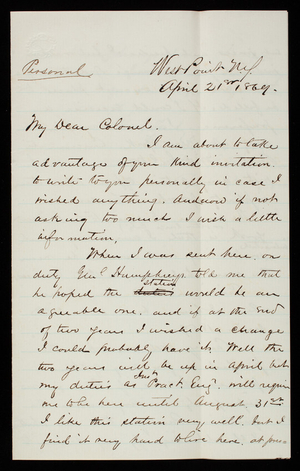 Colonel Peter S. Michie to Thomas Lincoln Casey, April 21, 1869 ...