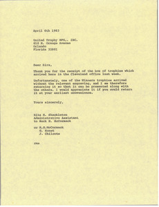Letter from Rita M. Shackleton to the United Trophy MFG,. Inc ...