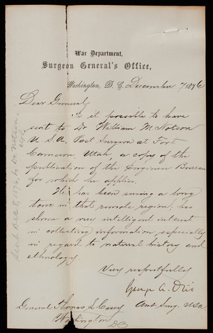 General George A. Otis to Thomas Lincoln Casey, December 7, 1876 ...