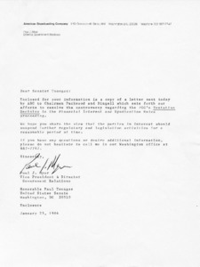 Letter to Senator Paul E. Tsongas from Paul J. Myer regarding resolving ...