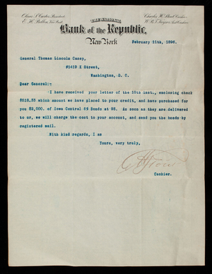 National Bank of the Republic to Thomas Lincoln Casey, February 11 ...