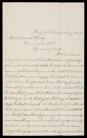 R. S. Smart to Thomas Lincoln Casey, August 7, 1889 - Digital Commonwealth