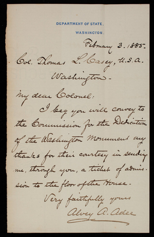 Alvey A. Adee to Thomas Lincoln Casey, February 3, 1885 - Digital ...