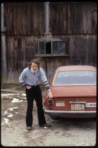 Sam Lovejoy, wearing a neck brace, with his Volvo (with its own No ...