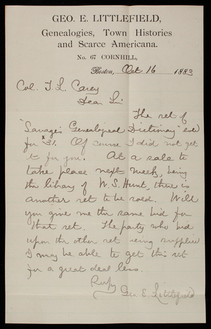 [George] E. Littlefield to Thomas Lincoln Casey, October 16, 1883 ...