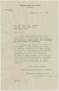 Letter from The Minnesota Historical Society to W. E. B. Du Bois ...