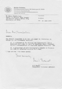 Letter to Mr. Chamberlin from D C Thomas regarding enclosure of ...
