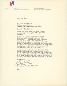 Letter from Earl Ubell to Judi Chamberlin - Digital Commonwealth