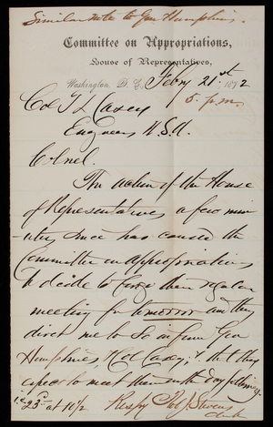 [Robert] J. Stevens to Thomas Lincoln Casey, February 21, 1872 ...