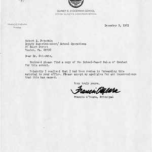 Correspondence from Principal Francis O'Meara to Robert Peterkin ...