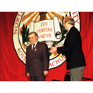 Lech Walesa and Dean Lowndes on stage at the inauguration of the ...