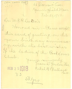 Letter from the Book Lovers Club of Springfield, Mass to W. E. B. Du ...