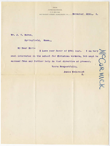 Letter from James McCormick to J. T. Bowne (November 20, 1885 ...