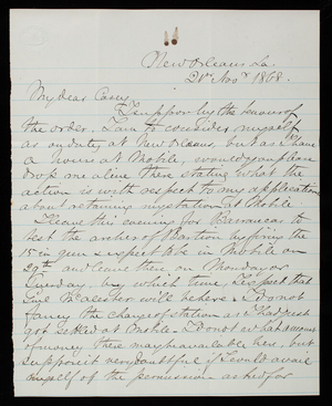 Colonel Frederick Prime to Thomas Lincoln Casey, November 21, 1868 ...