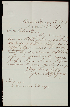 Captain James F. Gregory to Thomas Lincoln Casey, August 5, 1876 ...