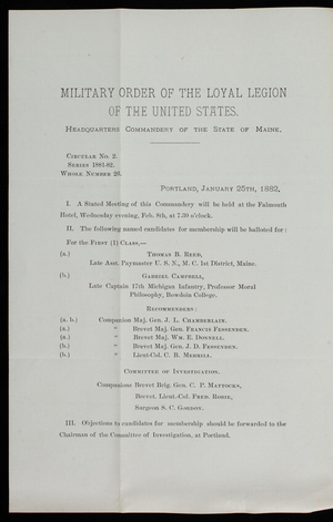 Major General J. L. Chamberlain, January 25, 1882, circular - Digital ...