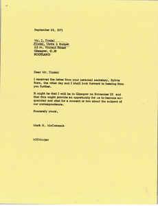 Letter from Mark H. McCormack to John Tindal - Digital Commonwealth