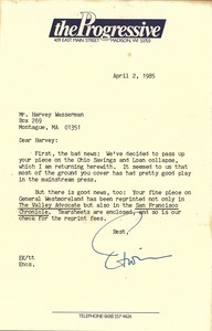 Letter from The Progressive to Harvey Wasserman - Digital Commonwealth