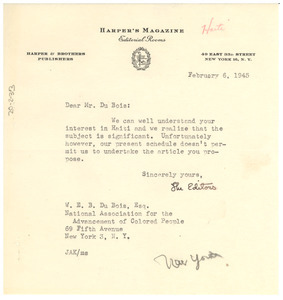 Letter from Harper's Magazine to W. E. B. Du Bois - Digital Commonwealth