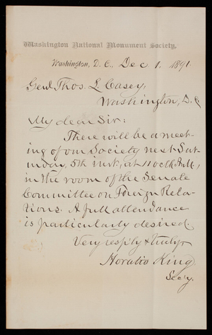 Horatio King to Thomas Lincoln Casey, December 1, 1891 - Digital ...