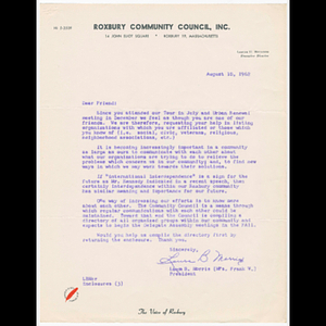 Letter from Laura B. Morris concerning organization affiliation ...