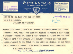 Telegram from Mid-West Institute of International Relations to W. E. B ...