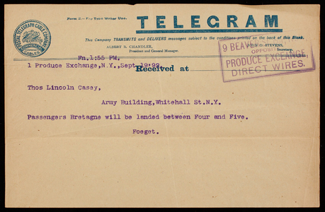 [Foeget] to Thomas Lincoln Casey, telegram. September 19, 1892 ...