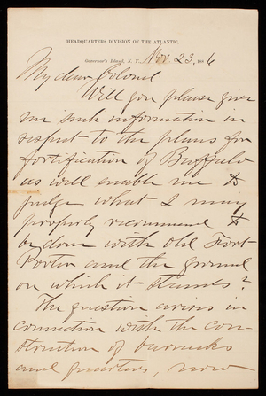 General John M. Schofield to Thomas Lincoln Casey, November 23, 1886 ...