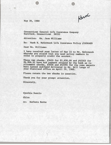 Letter from Cynthia Dantio to Connecticut General Life Insurance ...