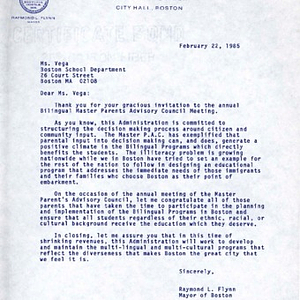 Letter from Mayor Raymond L. Flynn to Hilda Vega about the Bilingual ...