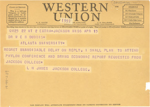 Telegram from Jackson College for Negro Teachers to W. E. B. Du Bois ...