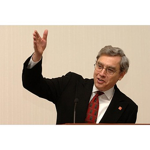 Northeastern President Richard Freeland gestures while speaking at the ...