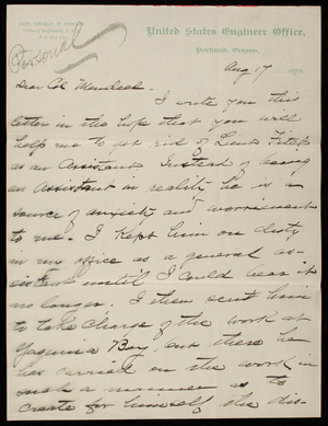 Capt. Thomas W. Symons to Col. [George Henry] Mendell, August 17, 1892 ...