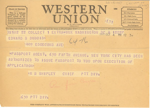 Telegram from United States Department of State to W. E. B. Du Bois ...