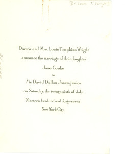 Announcement from Doctor and Mrs. Louis Tompkins Wright to W. E. B. Du ...