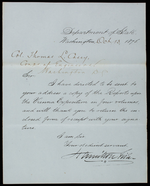 [Hamilton] Fish to Thomas Lincoln Casey, October 13, 1876 - Digital ...