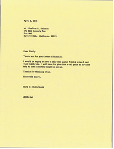 Letter from Mark H. McCormack to Shelly Saltman - Digital Commonwealth