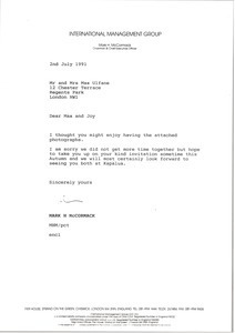 Letter from Mark H. McCormack to Max and Joy Ulfane - Digital Commonwealth