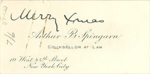 Visiting card of Arthur Spingarn with note - Digital Commonwealth