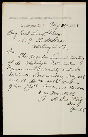 Horatio King to Thomas Lincoln Casey, February 4, 1893 - Digital ...