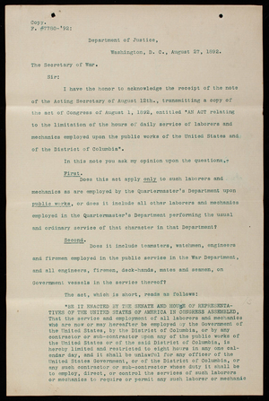 W. H. H. Miller to Stephen Benton Elkins; copy to Thomas Lincoln Casey ...