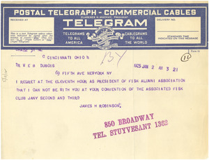 Telegram from James H. Robinson to W. E. B. Du Bois - Digital Commonwealth