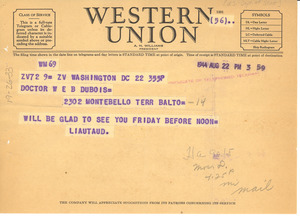 Telegram from United States Department of State to W. E. B. Du Bois ...