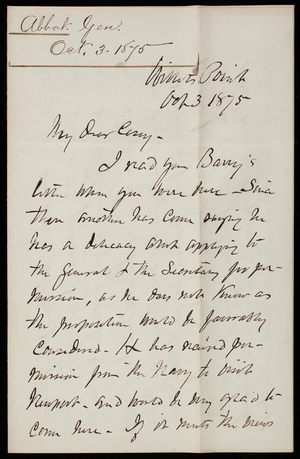 General Henry L. Abbot to Thomas Lincoln Casey, October 3, 1875 ...