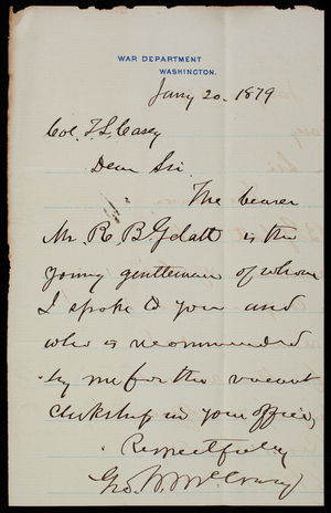 [George] W. McCrary to Thomas Lincoln Casey, January 20, 1879 - Digital ...