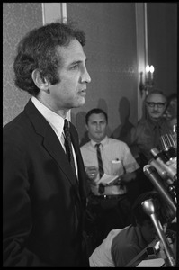 Daniel Ellsberg at the podium, speaking at a press conference following ...