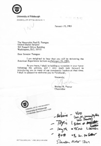 Letter to Paul E. Tsongas from Wesley W. Posvar - Digital Commonwealth